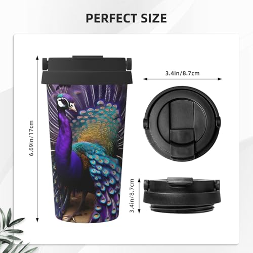 WANGXUEE Purple Peacock Print 500ml Stainless Steel Travel Tumbler Double Wall Vacuum Insulated Coffee Mug