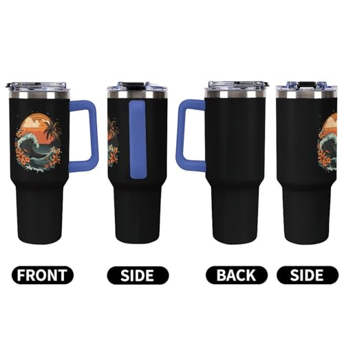 Hawaii Wave Palm Trees Floral Sunset 40oz Water Bottle Double Wall Insulated Tumbler with Handle Leakproof Travel Mug Deep Blue-style
