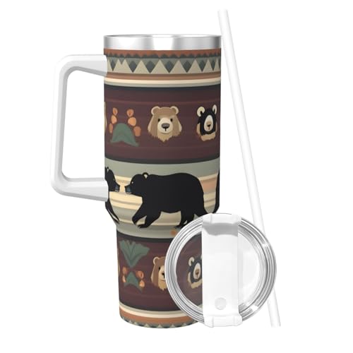 HULIBIN Bear Print Double Deck Stainless Steel Travel Coffee Cup With Lid 40 Oz Ice Bully Cup