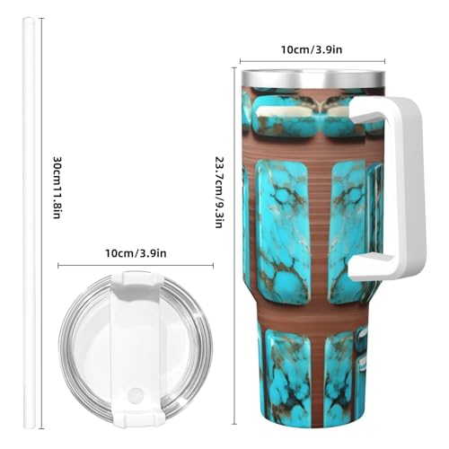 HULIBIN Bright Aqua Blue Turquoise Print Double Deck Stainless Steel Travel Coffee Cup With Lid 40 Oz Ice Bully Cup