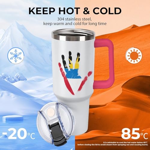 Antigua And Barbuda Flag Palm Print 40oz Water Bottle Double Wall Insulated Tumbler with Handle Leakproof Travel Mug Light Rose Red-style