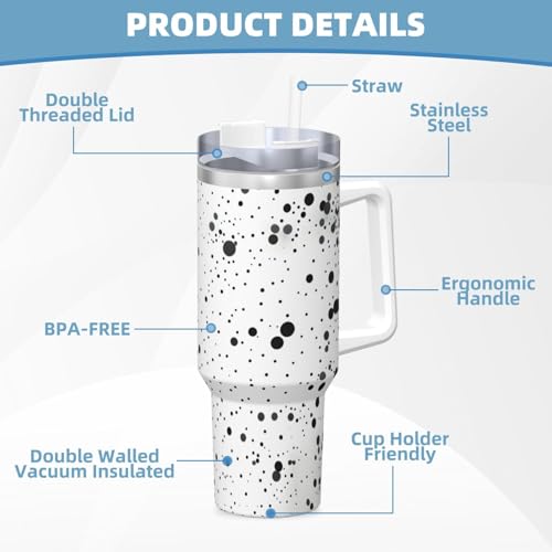 HULIBIN Black And White Dot Print Double Deck Stainless Steel Travel Coffee Cup With Lid 40 Oz Ice Bully Cup