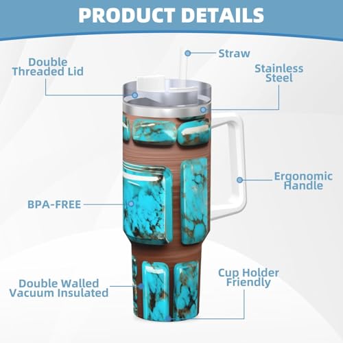 HULIBIN Bright Aqua Blue Turquoise Print Double Deck Stainless Steel Travel Coffee Cup With Lid 40 Oz Ice Bully Cup