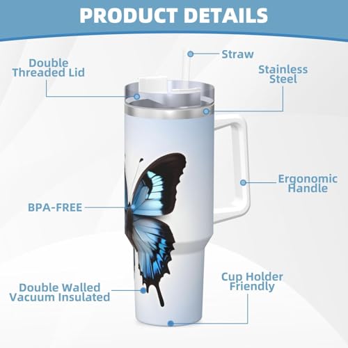 HULIBIN Blue Butterfly Print Double Deck Stainless Steel Travel Coffee Cup With Lid 40 Oz Ice Bully Cup