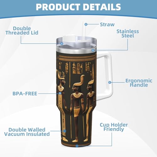 HULIBIN Ancient Egyptian Hieroglyph Print Double Deck Stainless Steel Travel Coffee Cup With Lid 40 Oz Ice Bully Cup