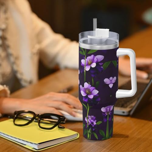 HULIBIN Blooming Purple Flowers Print Double Deck Stainless Steel Travel Coffee Cup With Lid 40 Oz Ice Bully Cup