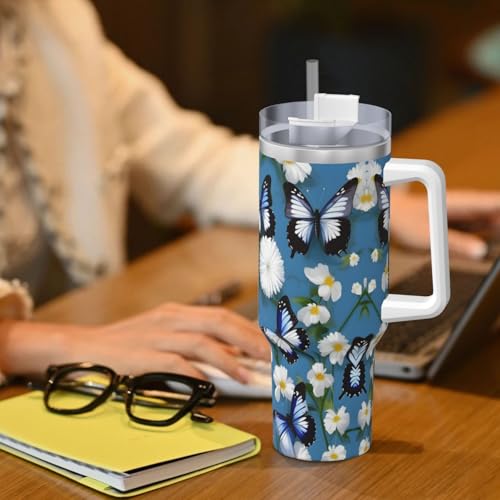 HULIBIN Blue Butterflies White Flowers Print Double Deck Stainless Steel Travel Coffee Cup With Lid 40 Oz Ice Bully Cup