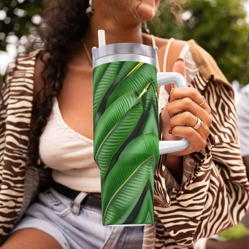 HULIBIN Banana Leaf Green Print Double Deck Stainless Steel Travel Coffee Cup With Lid 40 Oz Ice Bully Cup
