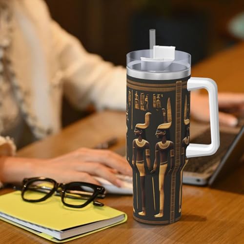 HULIBIN Ancient Egyptian Hieroglyph Print Double Deck Stainless Steel Travel Coffee Cup With Lid 40 Oz Ice Bully Cup