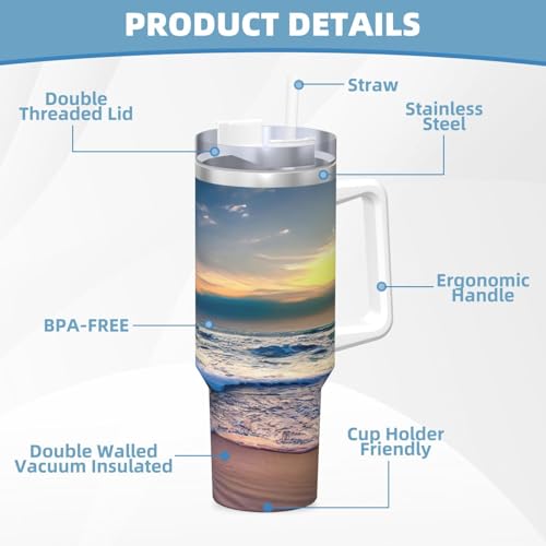 HULIBIN Serene Seaside Sunset Print Double Deck Stainless Steel Travel Coffee Cup With Lid 40 Oz Ice Bully Cup