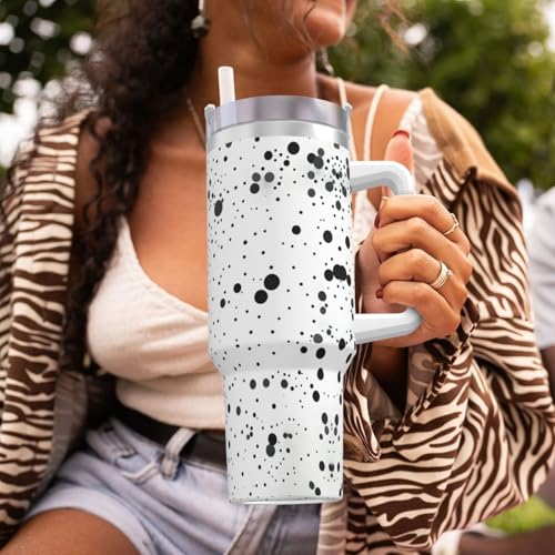HULIBIN Black And White Dot Print Double Deck Stainless Steel Travel Coffee Cup With Lid 40 Oz Ice Bully Cup
