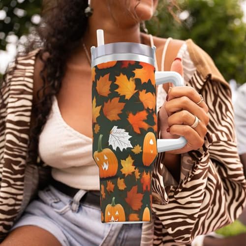 HULIBIN Happy Thanksgiving Day Pumpkin Print Double Deck Stainless Steel Travel Coffee Cup With Lid 40 Oz Ice Bully Cup