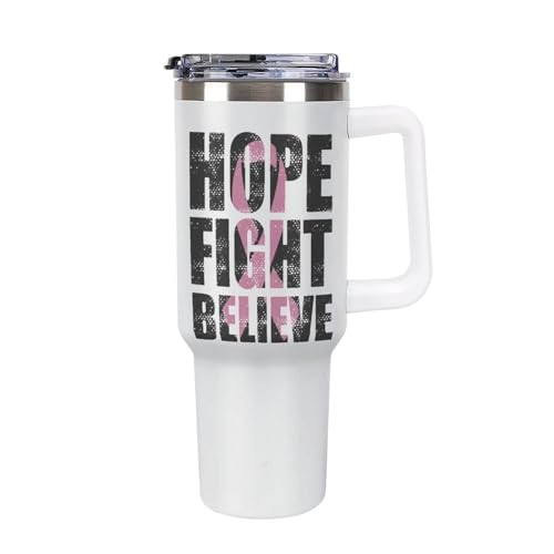 Hope Fight Believe - Breast Cancer 40oz Water Bottle Double Wall Insulated Tumbler with Handle Leakproof Travel Mug White-style