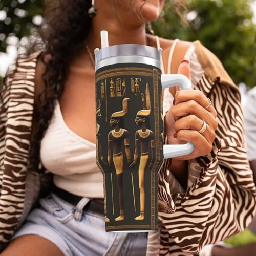 HULIBIN Ancient Egyptian Hieroglyph Print Double Deck Stainless Steel Travel Coffee Cup With Lid 40 Oz Ice Bully Cup