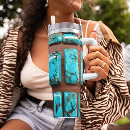 HULIBIN Bright Aqua Blue Turquoise Print Double Deck Stainless Steel Travel Coffee Cup With Lid 40 Oz Ice Bully Cup
