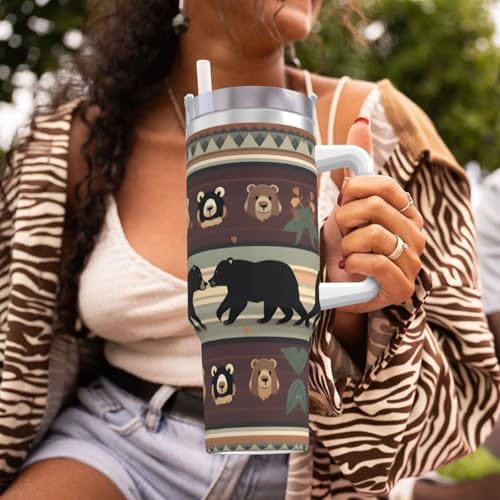 HULIBIN Bear Print Double Deck Stainless Steel Travel Coffee Cup With Lid 40 Oz Ice Bully Cup