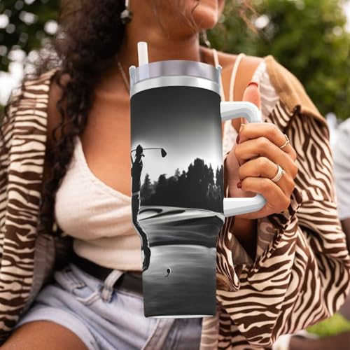 HULIBIN Black and White Golfs Print Double Deck Stainless Steel Travel Coffee Cup With Lid 40 Oz Ice Bully Cup