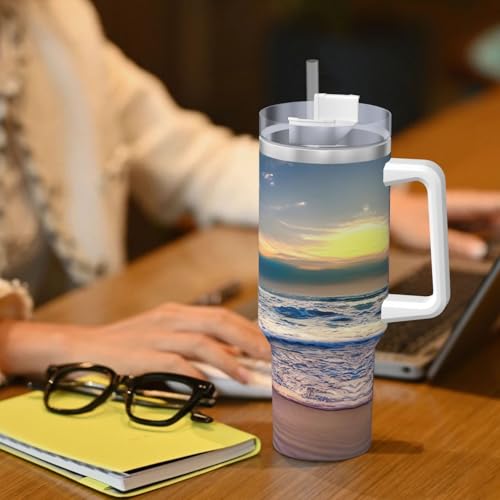 HULIBIN Serene Seaside Sunset Print Double Deck Stainless Steel Travel Coffee Cup With Lid 40 Oz Ice Bully Cup