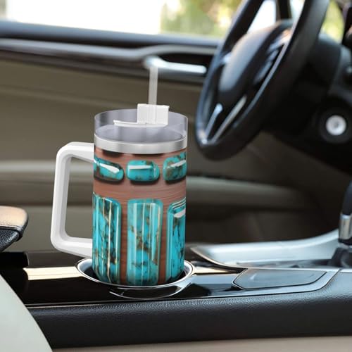 HULIBIN Bright Aqua Blue Turquoise Print Double Deck Stainless Steel Travel Coffee Cup With Lid 40 Oz Ice Bully Cup