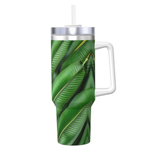 HULIBIN Banana Leaf Green Print Double Deck Stainless Steel Travel Coffee Cup With Lid 40 Oz Ice Bully Cup