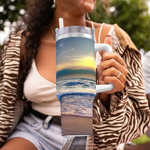 HULIBIN Serene Seaside Sunset Print Double Deck Stainless Steel Travel Coffee Cup With Lid 40 Oz Ice Bully Cup