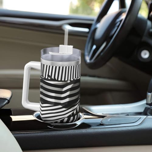 HULIBIN Black & White Stripe Print Double Deck Stainless Steel Travel Coffee Cup With Lid 40 Oz Ice Bully Cup