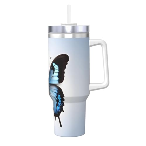 HULIBIN Blue Butterfly Print Double Deck Stainless Steel Travel Coffee Cup With Lid 40 Oz Ice Bully Cup