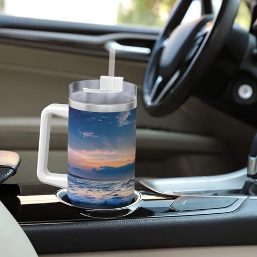 HULIBIN Serene Seaside Sunset Print Double Deck Stainless Steel Travel Coffee Cup With Lid 40 Oz Ice Bully Cup