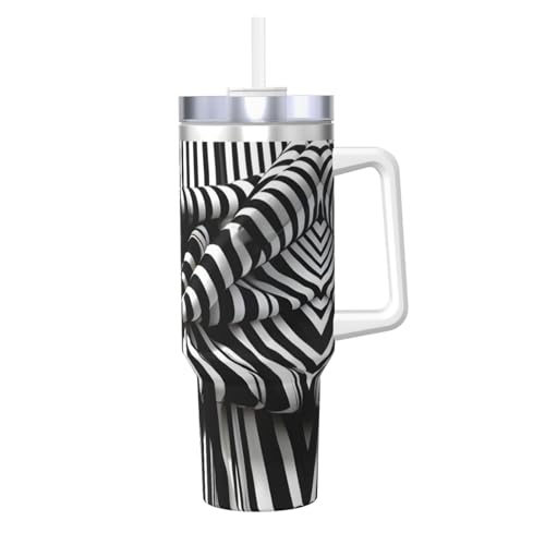 HULIBIN Black & White Stripe Print Double Deck Stainless Steel Travel Coffee Cup With Lid 40 Oz Ice Bully Cup