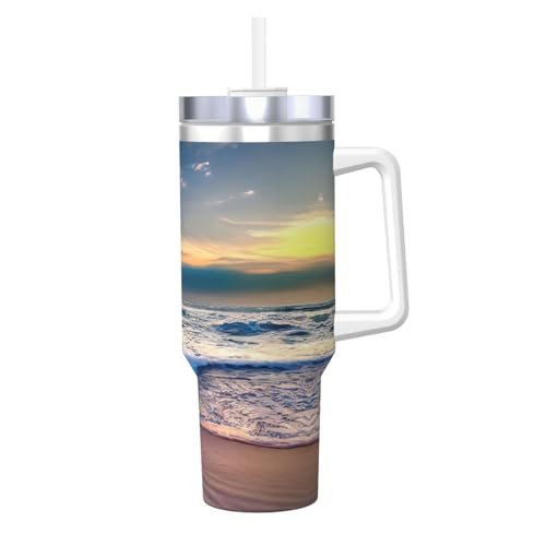 HULIBIN Serene Seaside Sunset Print Double Deck Stainless Steel Travel Coffee Cup With Lid 40 Oz Ice Bully Cup
