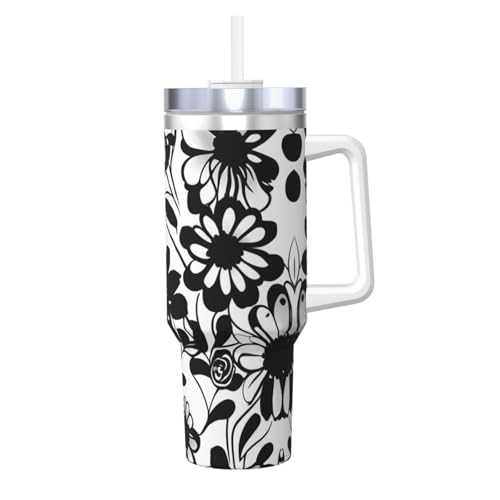 HULIBIN Black and White Flowers Print Double Deck Stainless Steel Travel Coffee Cup With Lid 40 Oz Ice Bully Cup