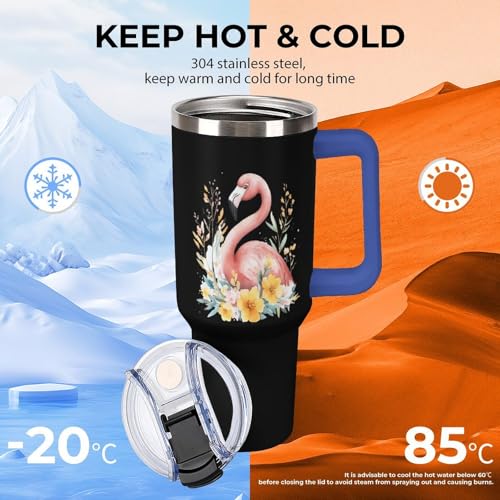 Flamingos In The Floral Bush 40oz Water Bottle Double Wall Insulated Tumbler with Handle Leakproof Travel Mug Deep Blue-style