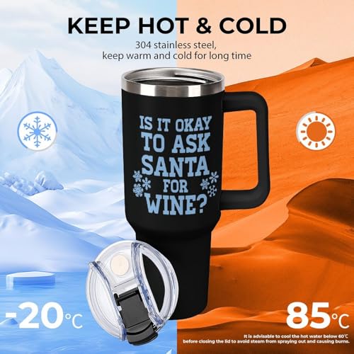 Ask Santa For Wine 40oz Water Bottle Double Wall Insulated Tumbler with Handle Leakproof Travel Mug Black-style