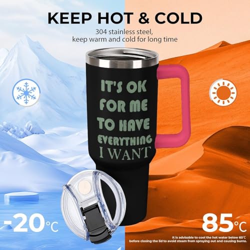 OK For Me To Have Everything I Want 40oz Water Bottle Double Wall Insulated Tumbler with Handle Leakproof Travel Mug Light Rose Red-style