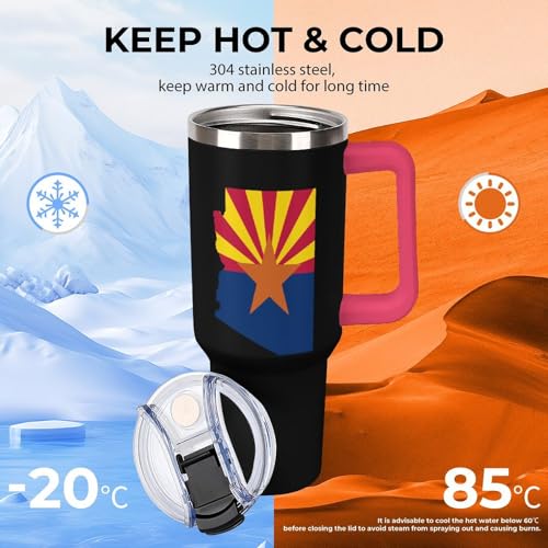 Flag Map Of Arizona 40oz Water Bottle Double Wall Insulated Tumbler with Handle Leakproof Travel Mug Light Rose Red-style