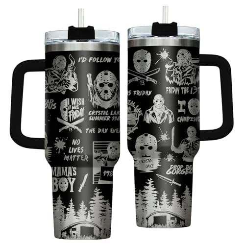 GEPOSTORE Movie Lover Gifts, Horror Friends 40 oz Laser Tumbler Handle and Straw, Horror Characters Tumblers Cup, Halloween Mug, Birthday Gifts for Movies Fans