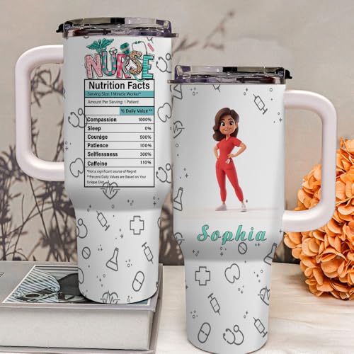 Personalized Nurse Tumbler 40oz -neurology-Custom Name Insulated Travel Mug with Handle & Straw, Gift for Nurses, Medical Workers, Appreciation, Mother's Day mr57D9