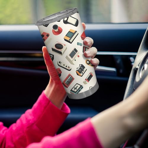 FOCIUZTA Retro Gaming Pattern Tumbler with lid, Travel Coffee Cup, Ideal for Easter, Gaming Enthusiast, Mother Day, and birthday gifts