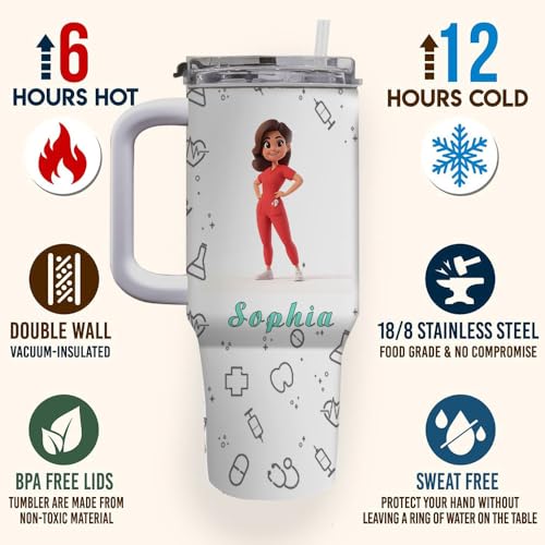 Personalized Nurse Tumbler 40oz -neurology-Custom Name Insulated Travel Mug with Handle & Straw, Gift for Nurses, Medical Workers, Appreciation, Mother's Day mr57D9