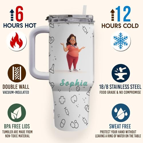 Personalized Nurse Tumbler 40oz -bariatric nurse-Custom Name Insulated Travel Mug with Handle & Straw, Gift for Nurses, Medical Workers, Appreciation, Mother's Day LmfBoT