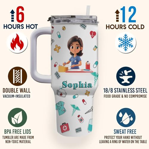 Personalized Nurse Tumbler 40oz -nurse handwriting analyst-Custom Name Insulated Travel Mug with Handle & Straw, Gift for Nurses, Medical Workers, Appreciation, Mother's Day bDppcx