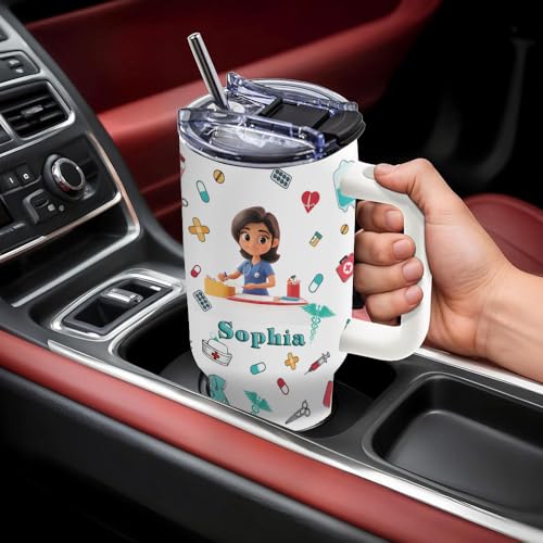 Personalized Nurse Tumbler 40oz -nurse handwriting analyst-Custom Name Insulated Travel Mug with Handle & Straw, Gift for Nurses, Medical Workers, Appreciation, Mother's Day bDppcx