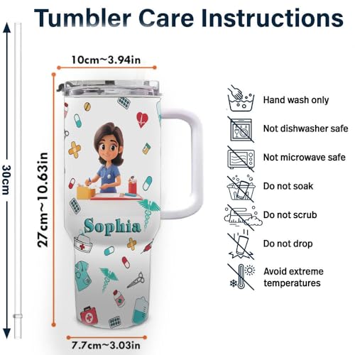 Personalized Nurse Tumbler 40oz -nurse handwriting analyst-Custom Name Insulated Travel Mug with Handle & Straw, Gift for Nurses, Medical Workers, Appreciation, Mother's Day bDppcx