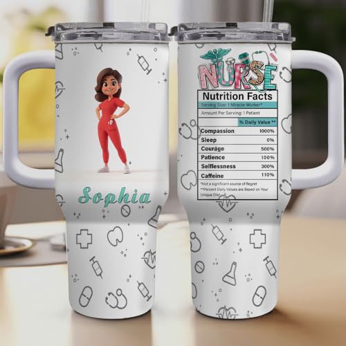 Personalized Nurse Tumbler 40oz -neurology-Custom Name Insulated Travel Mug with Handle & Straw, Gift for Nurses, Medical Workers, Appreciation, Mother's Day mr57D9