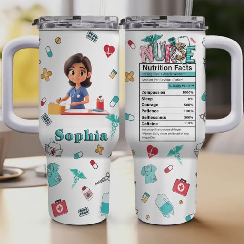 Personalized Nurse Tumbler 40oz -nurse handwriting analyst-Custom Name Insulated Travel Mug with Handle & Straw, Gift for Nurses, Medical Workers, Appreciation, Mother's Day bDppcx