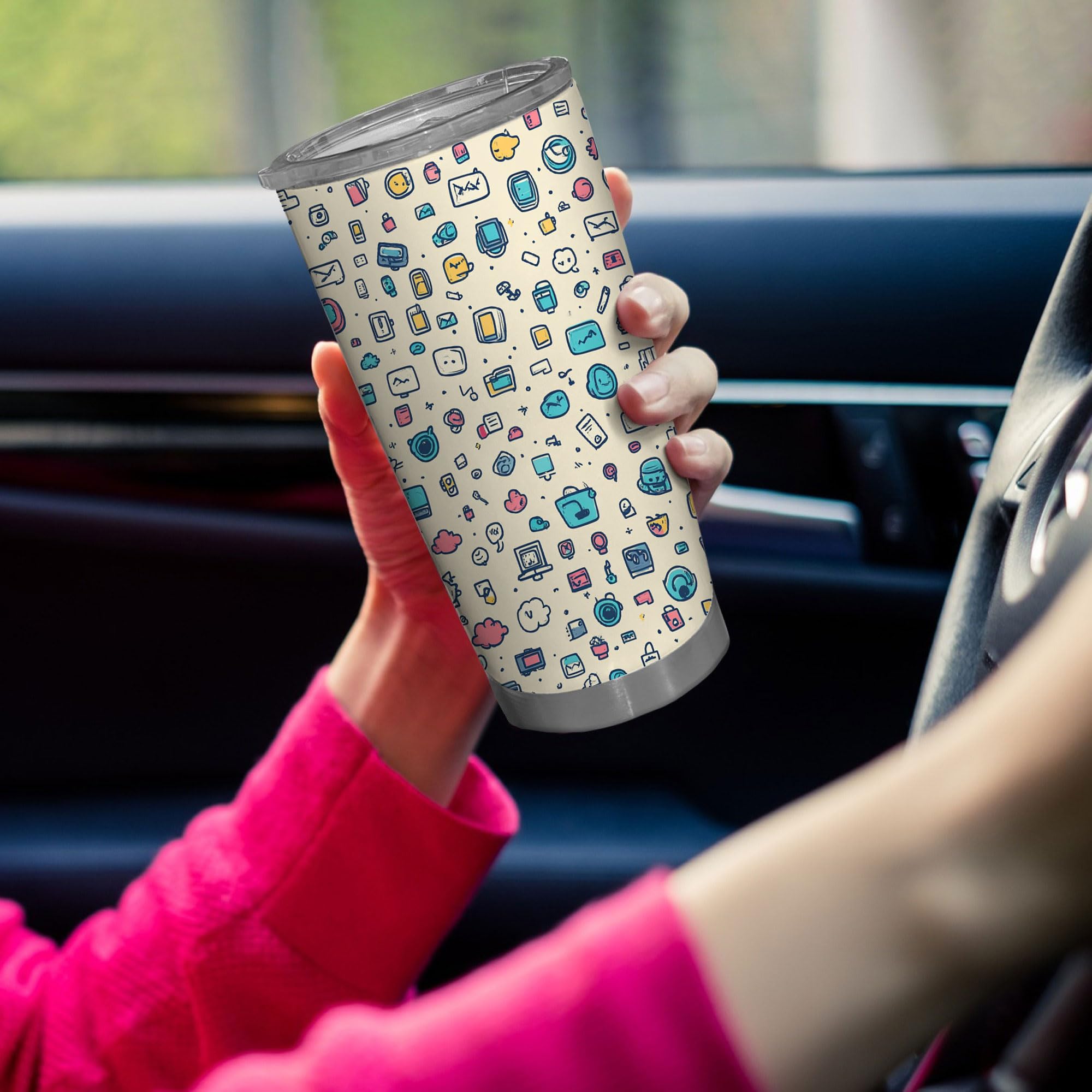 FOCIUZTA 20oz Tumbler with lid, Insulated Cup, Travel Coffee Mug, Ideal for Easter, Gaming Enthusiast, Mother’s Day, Birthday Gifts, Fun Tech Doodle Pattern