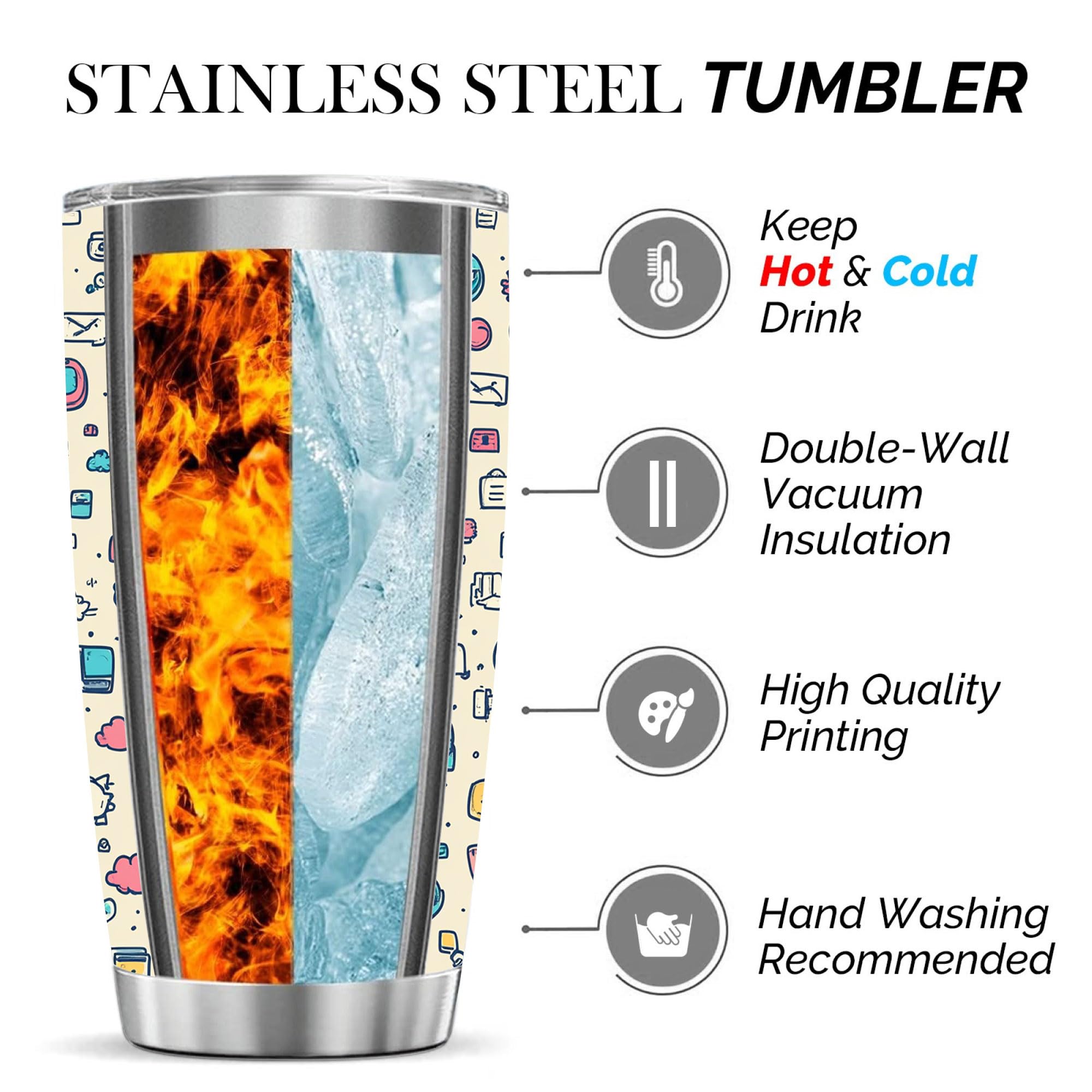 FOCIUZTA 20oz Tumbler with lid, Insulated Cup, Travel Coffee Mug, Ideal for Easter, Gaming Enthusiast, Mother’s Day, Birthday Gifts, Fun Tech Doodle Pattern