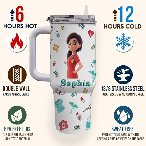 Personalized Nurse Tumbler 40oz -addiction recovery-Custom Name Insulated Travel Mug with Handle & Straw, Gift for Nurses, Medical Workers, Appreciation, Mother's Day 7H4fMa
