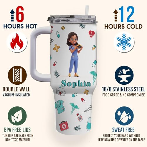 Personalized Nurse Tumbler 40oz -nurse therapeutic filmmaking instructor-Custom Name Insulated Travel Mug with Handle & Straw, Gift for Nurses, Medical Workers, Appreciation, Mother's Day j78EOf