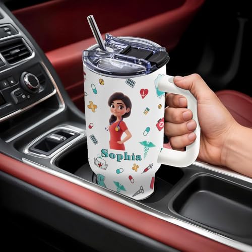 Personalized Nurse Tumbler 40oz -addiction recovery-Custom Name Insulated Travel Mug with Handle & Straw, Gift for Nurses, Medical Workers, Appreciation, Mother's Day 7H4fMa